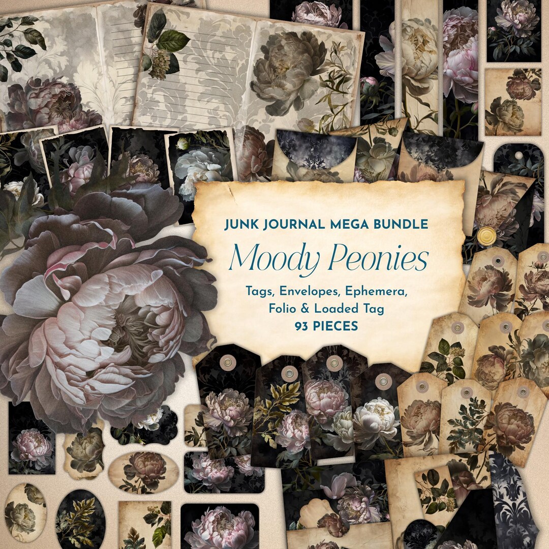 Moody Peonies Vintage Junk Journal Kit | Flowers Digital Junk Journal ...