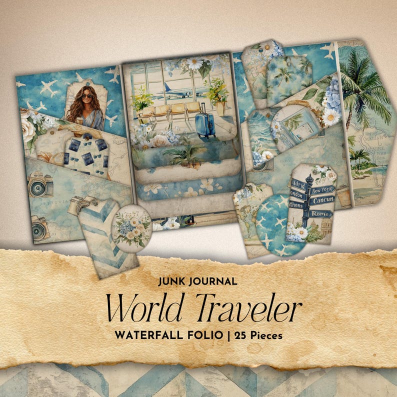 World Traveler Waterfall Folio | Maps Printable Junk Journal | Pocket ...