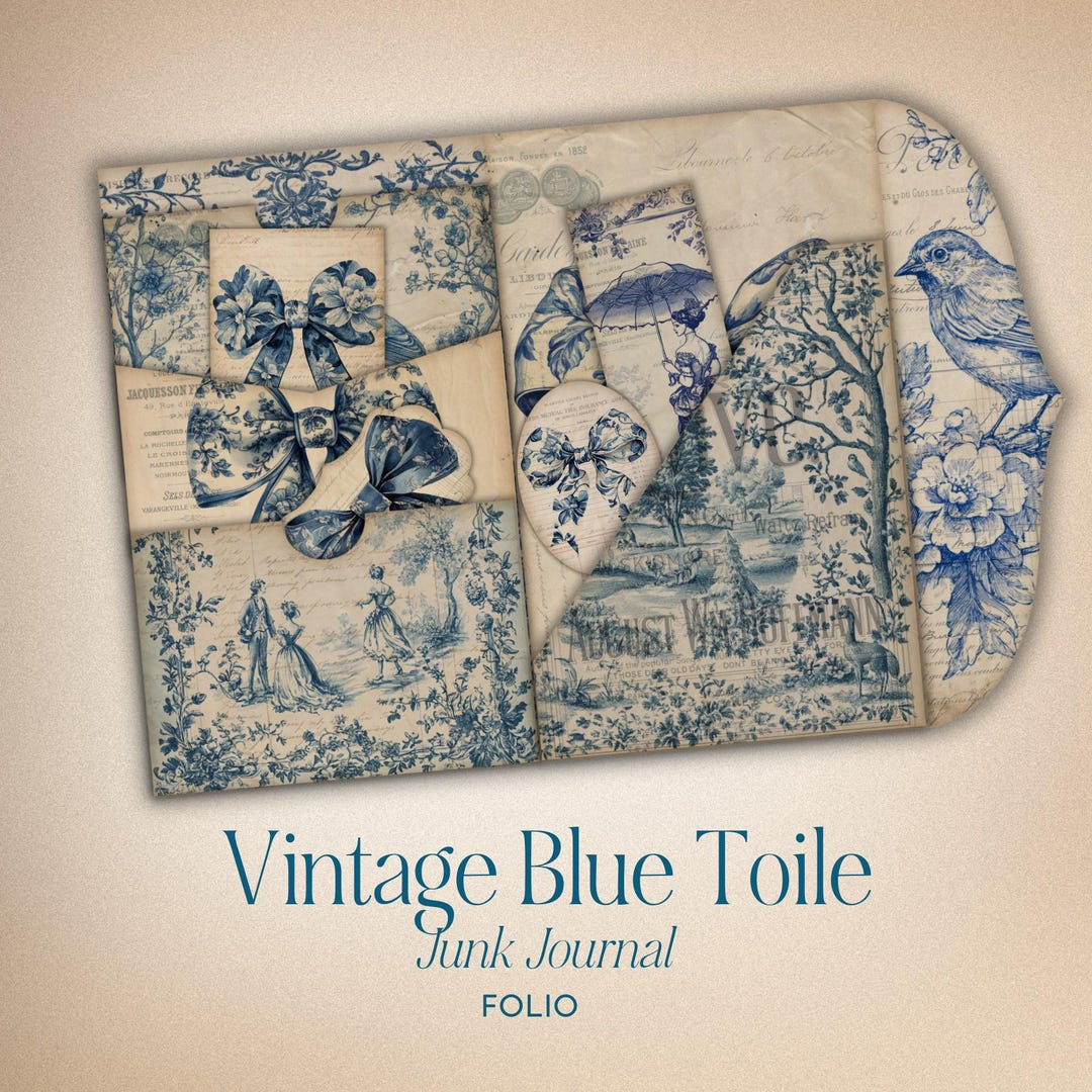 Blue Toile Junk Journal Folio | Printable Vintage Folio | Blue Ephemera ...