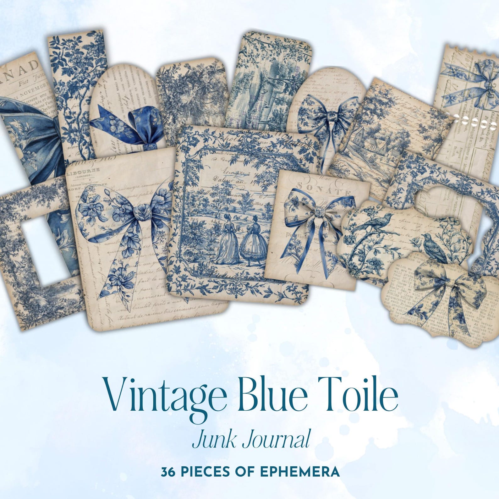 Junk Journal Vintage Blue Toile Ephemera Kit | Blue Bow Toile | Digital ...