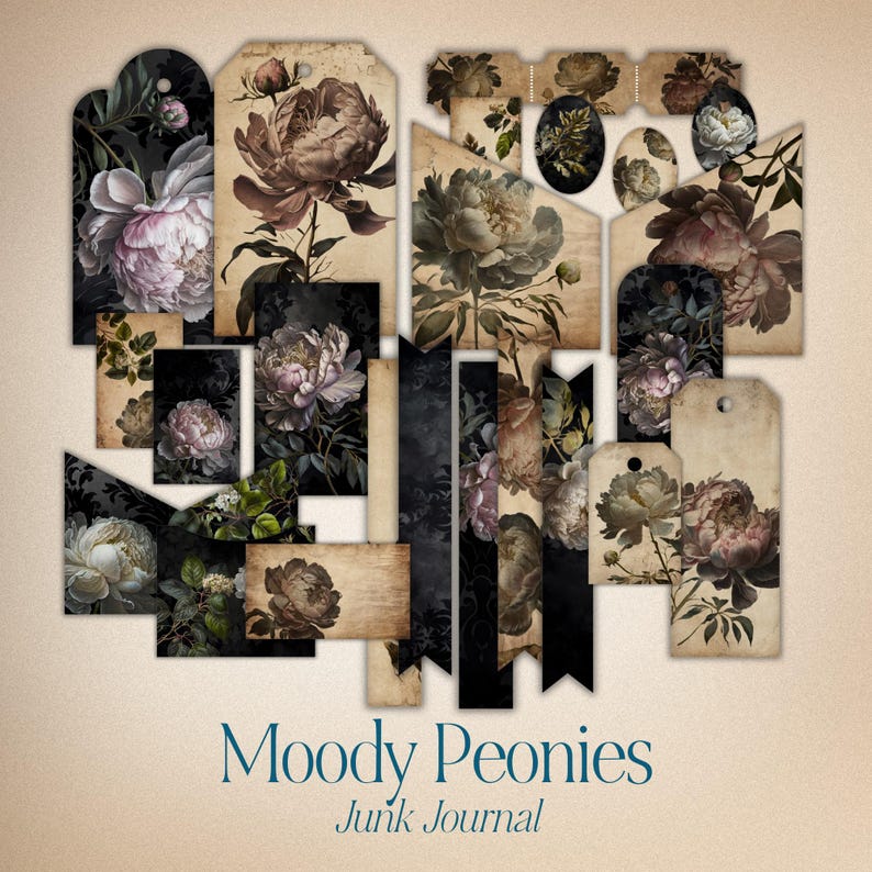 Moody Peonies Digital Junk Journal Ephemera | Black Junk Journal ...