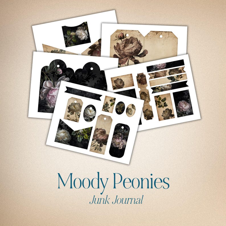 Moody Peonies Digital Junk Journal Ephemera | Black Junk Journal ...