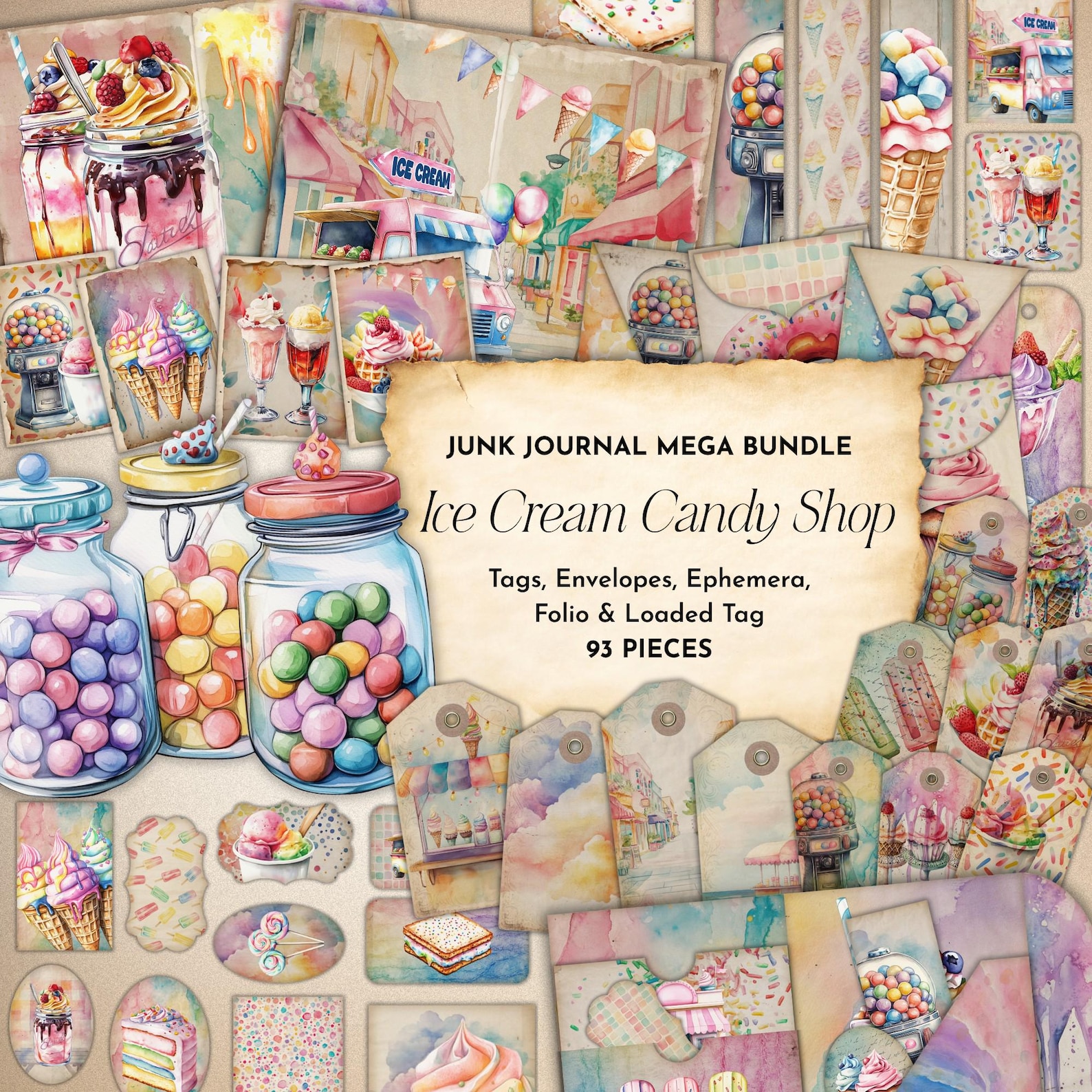 Ice Cream Candy Shop Junk Journal Kit | Rainbow Color Digital Junk ...