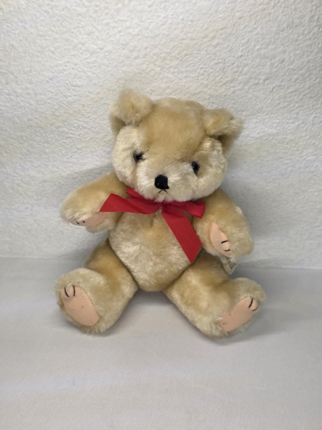 Vintage Jointed Plush Teddy Bear Tan With Red Bow Posable Stuffed ...