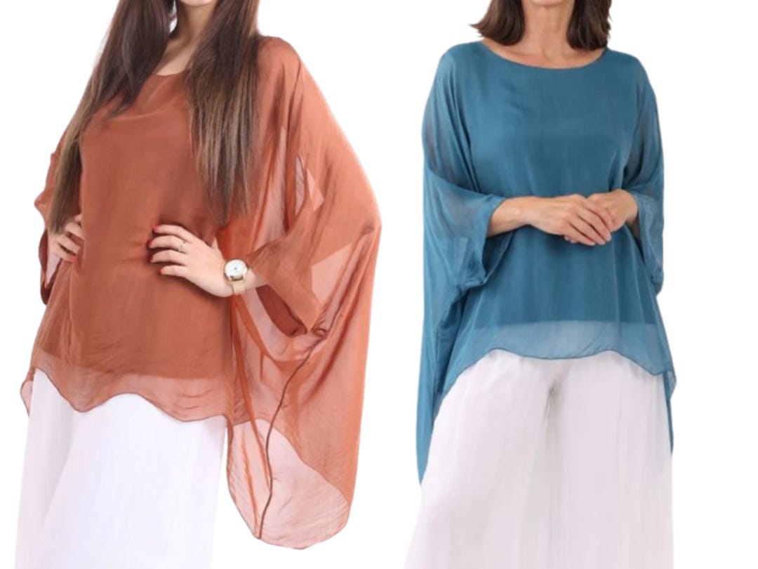 Silk Batwing Tunic Top – Italian Lagenlook Oversized Blouse, One Size ...