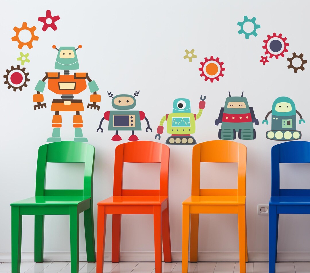 Robots Wall Decal, Robot Decals, Boys Theme Room Decor, Wall Stickers ...