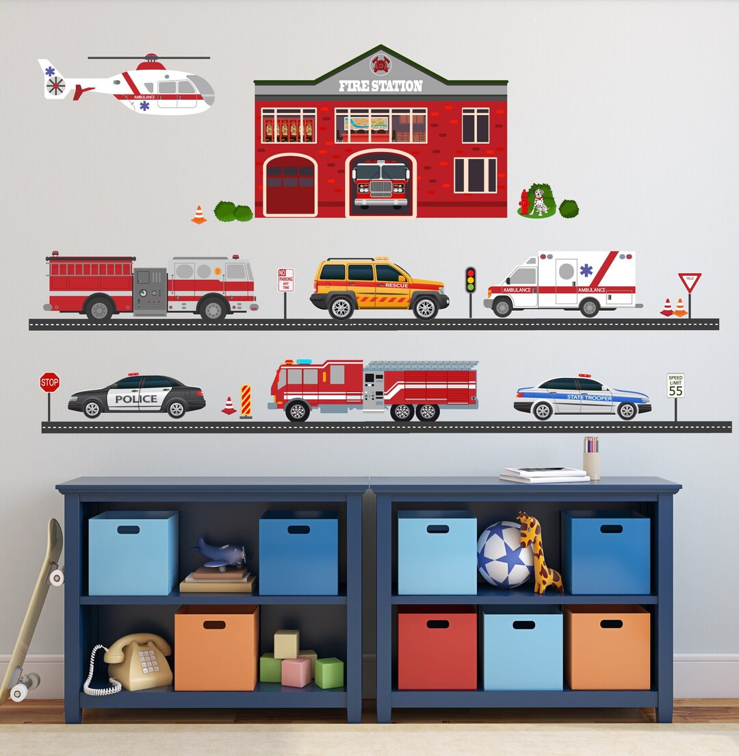 Fire Truck Decal, Fire Station Wall Decal, Emergency Vehicles, Police ...