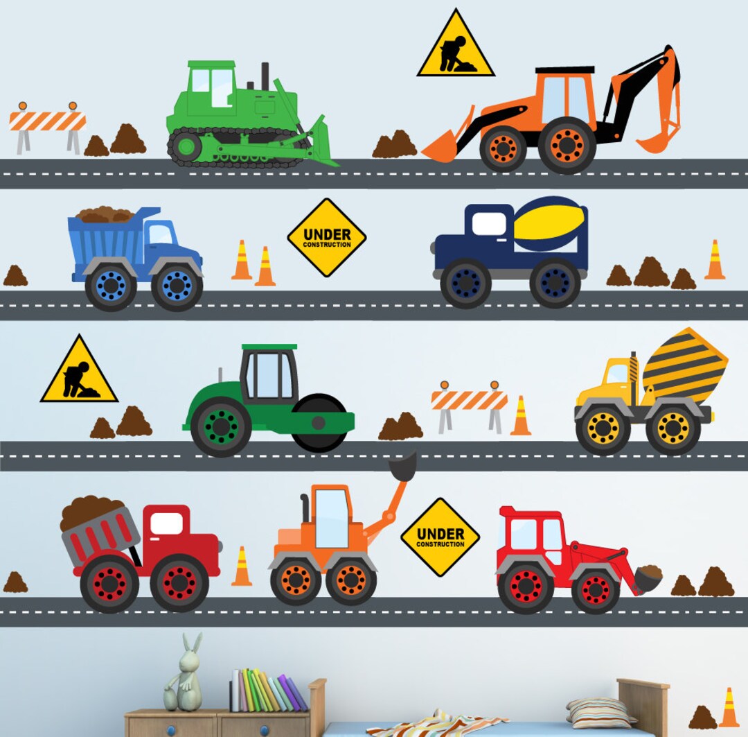 Construction Trucks Decal, Dump Truck Backhoe Cement Truck, Boys ...