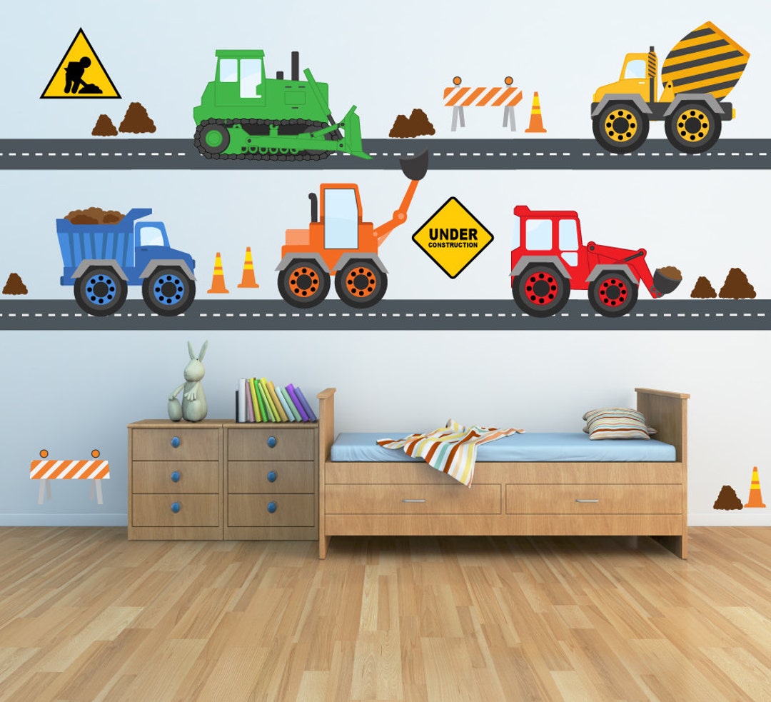 Construction Trucks, Decals, Dump Truck, Cement Mixer, Bulldozer, Excavator, and More, Boy Wall ...