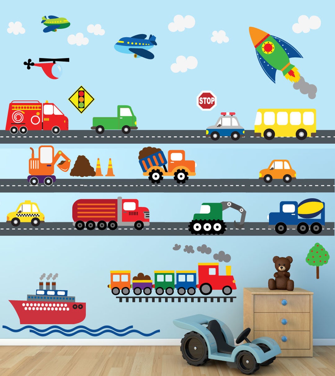 Transportation Wall Decals, Boat, Train, Cars, Trucks, Bus, Rocket ...