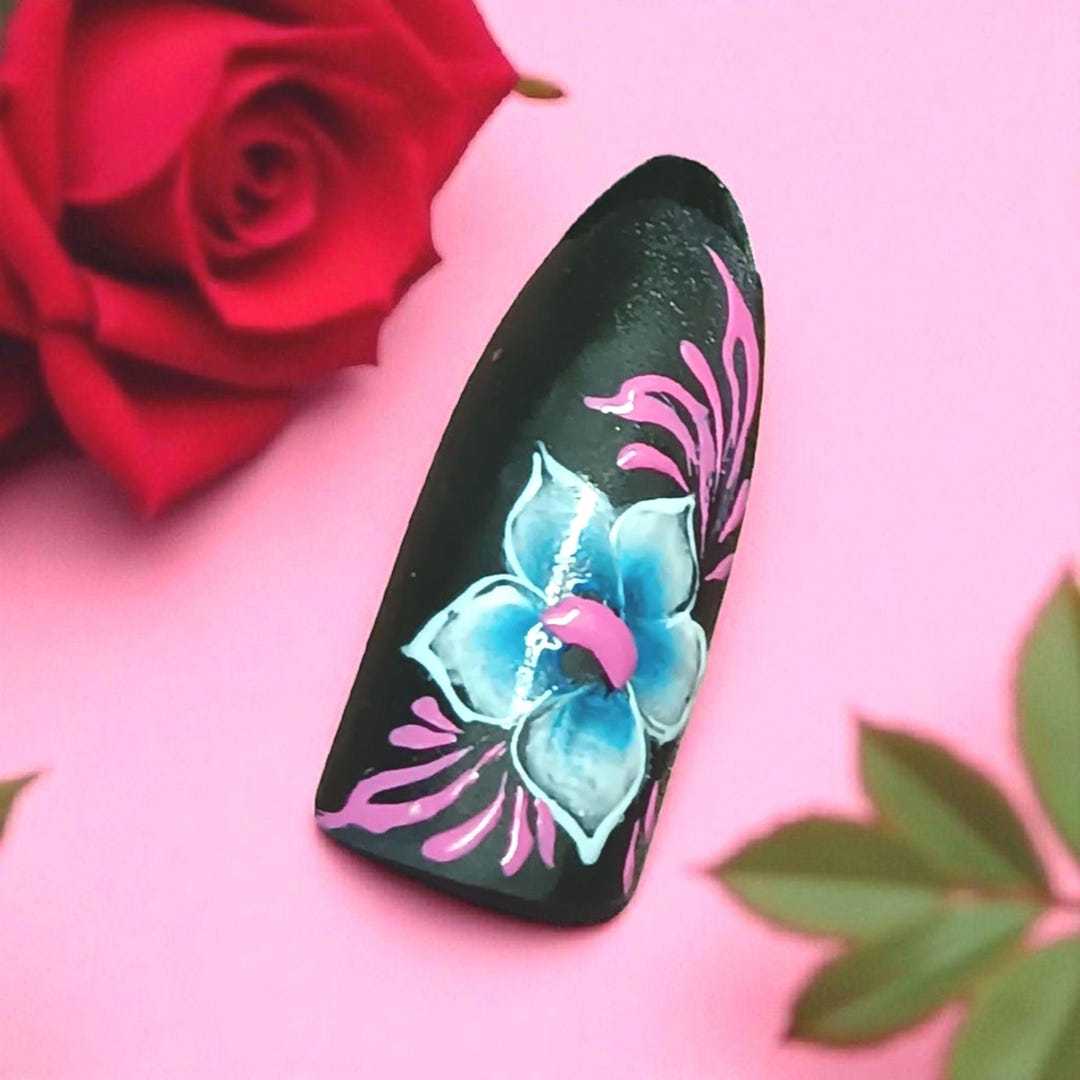 W80/one-stroke Blue Flower on Black Matte Tips/single Design to Choose ...