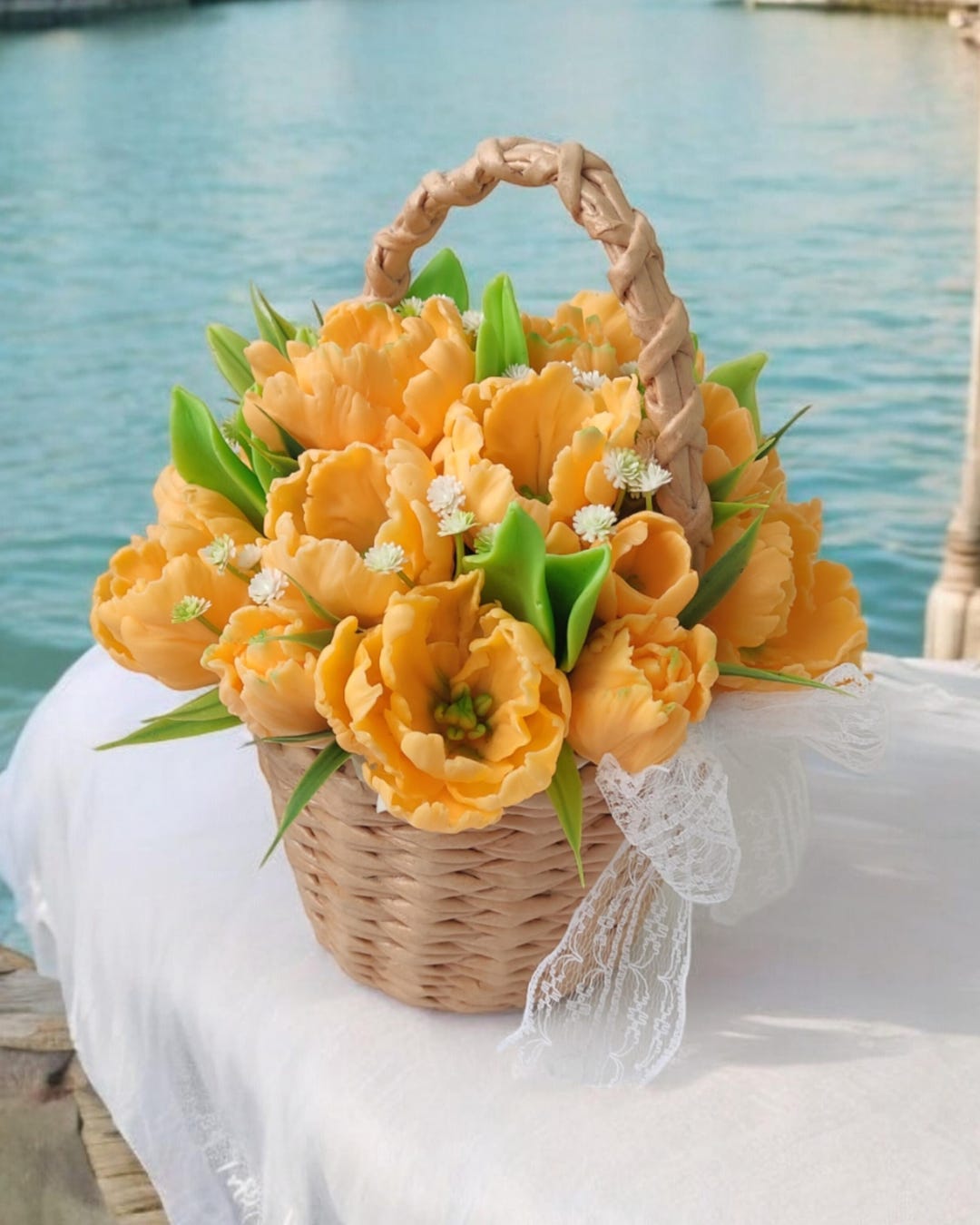 Soap Flower Bouquet Tulip Bouquet Yellow Tulips in a Basket Unique ...