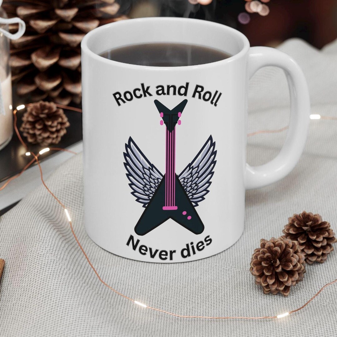 Rock and Roll Guitar Ceramic Mug, Pop Art Wings, Rockstar, Music Lover ...