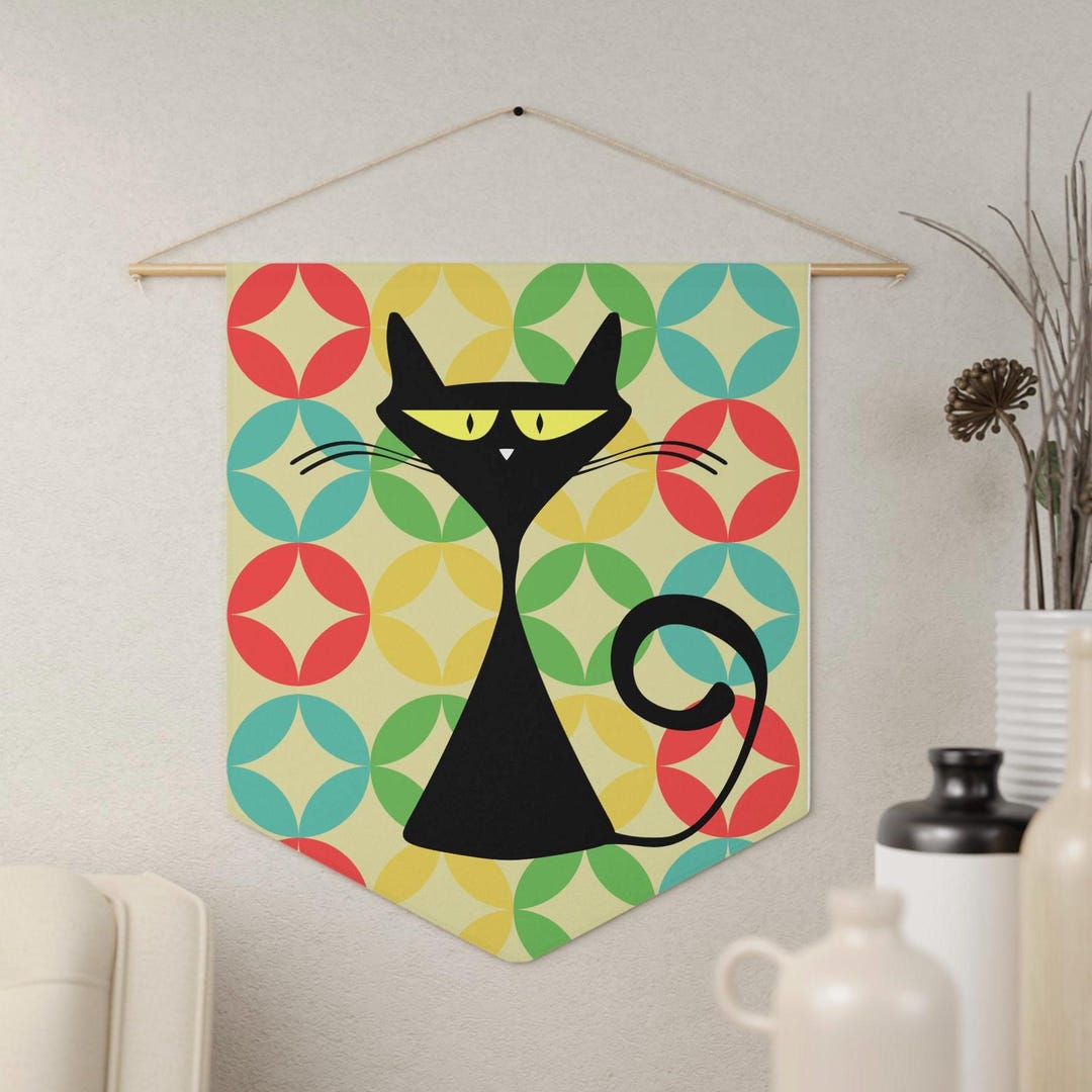 Retro Black Cat, Whimsical Cat Pennant, Vintage Decor, Home & Garden ...