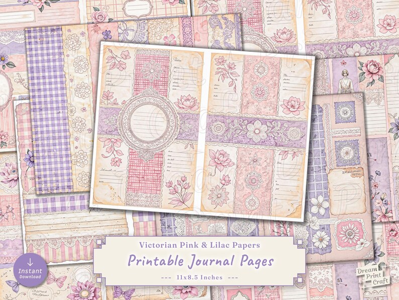 Victorian Pink & Lilac Junk Journal Pages – 12 Printable Vintage Papers ...