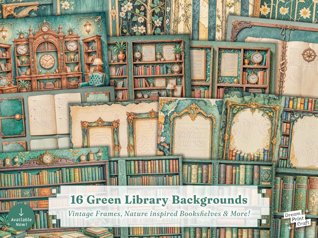 Green Library Printable Paper Kit: Vintage Bookshelves, Florals ...