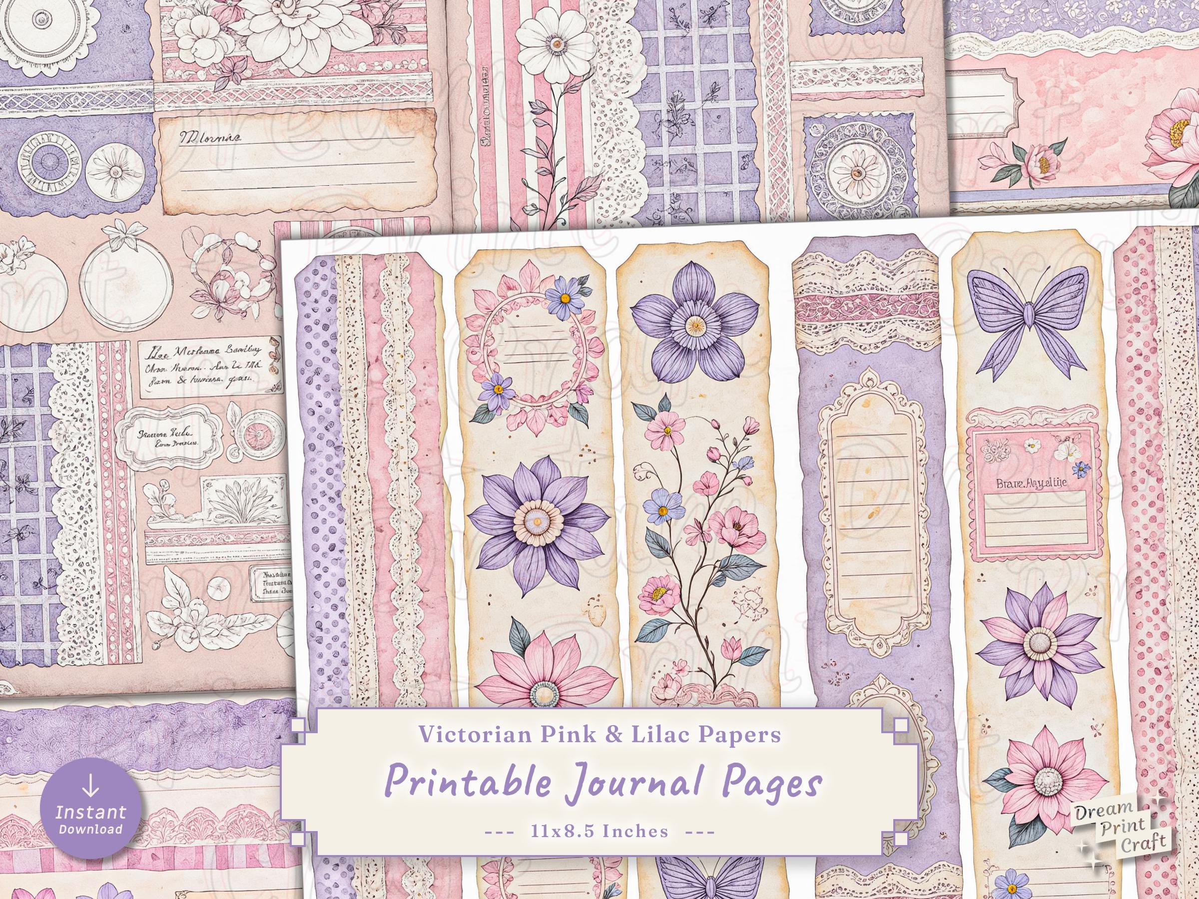Victorian Pink & Lilac Junk Journal Pages – 12 Printable Vintage Papers ...