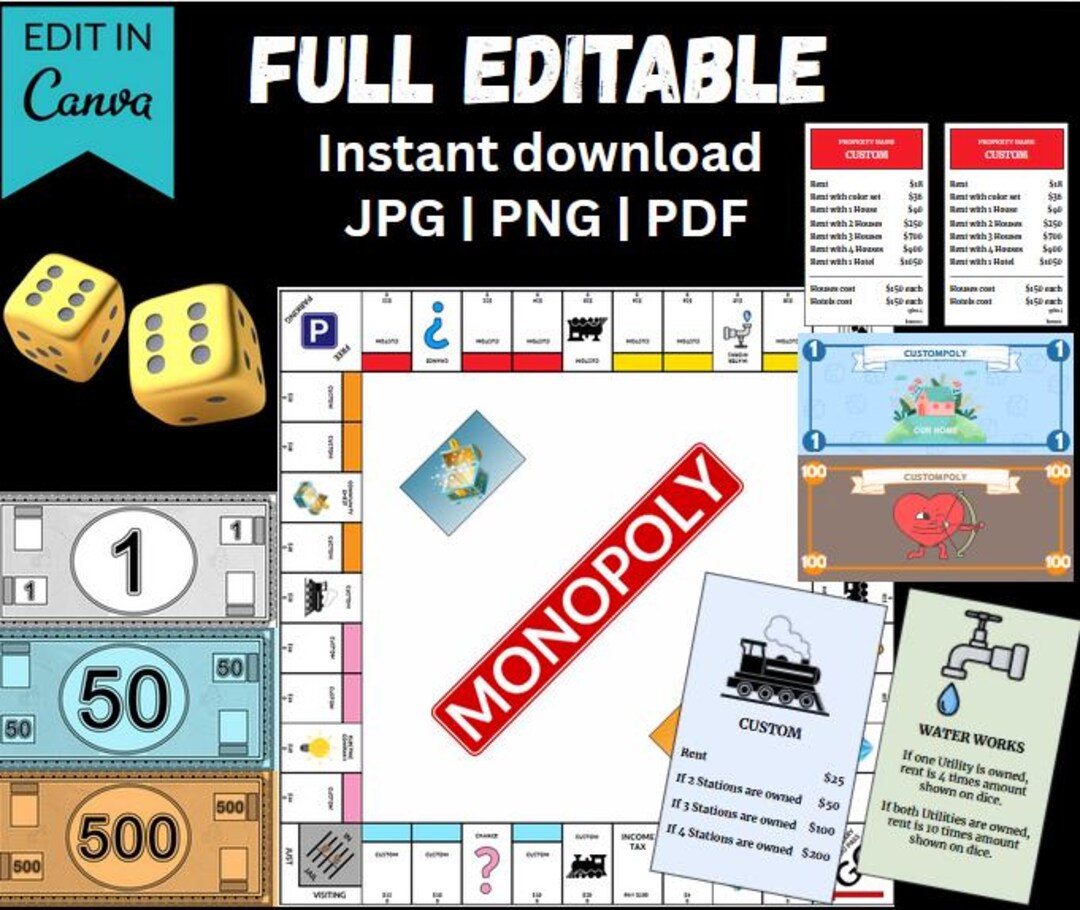 Editable Monopoly Game Template: Custom Board, Cards, Money (printable ...