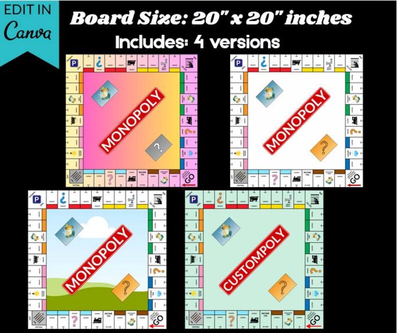 Editable Monopoly Game Template: Custom Board, Cards, Money (printable ...