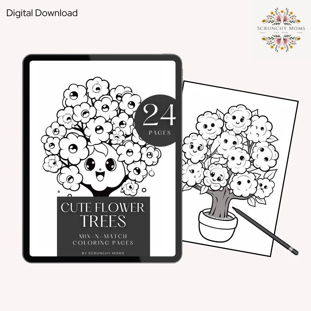 Cute Flower Tree Mix-n-match Coloring Pages for Kids and Adults ...