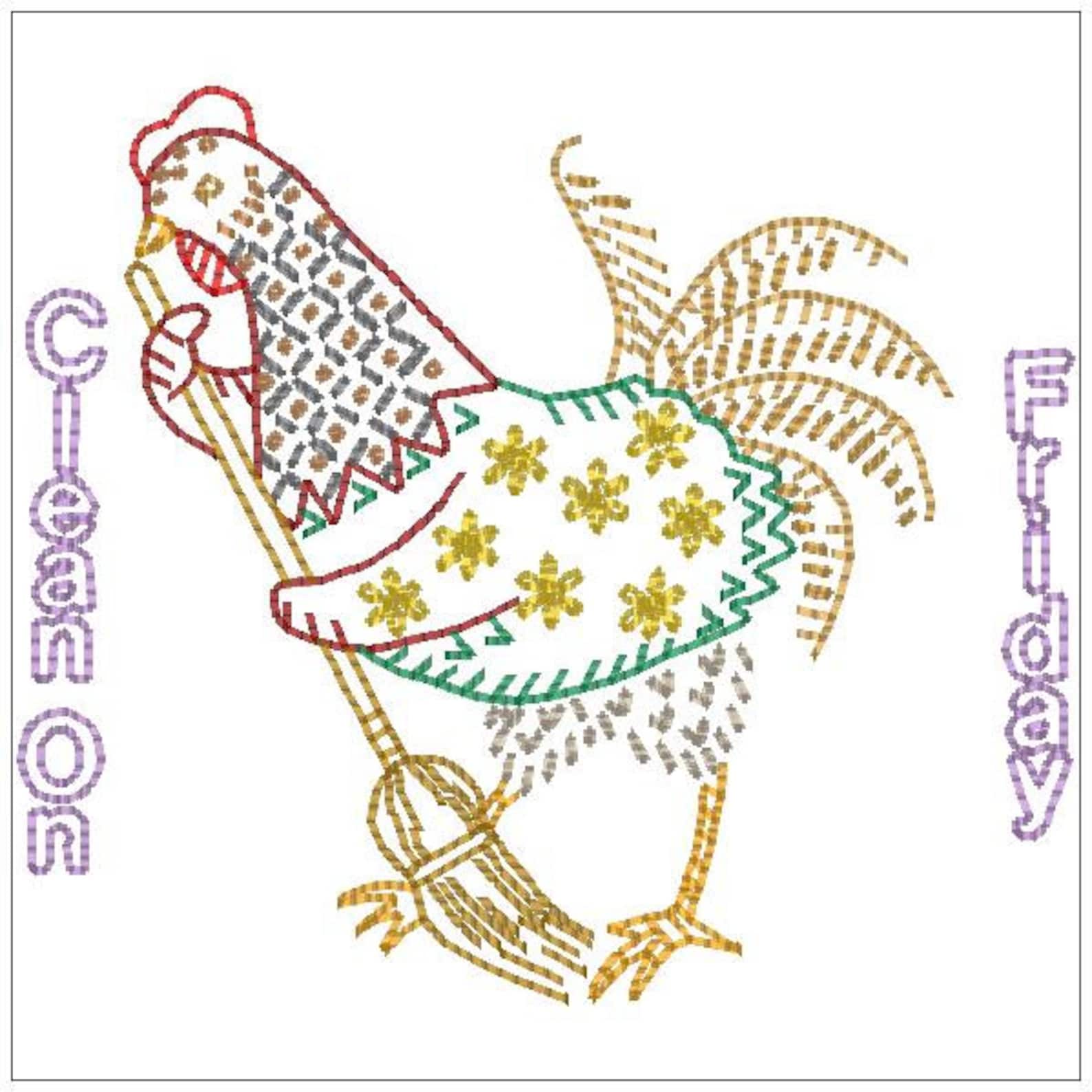 Vintage Fancy Hen Rooster Day of the Week DOW Design Kitchen Tea Towel ...