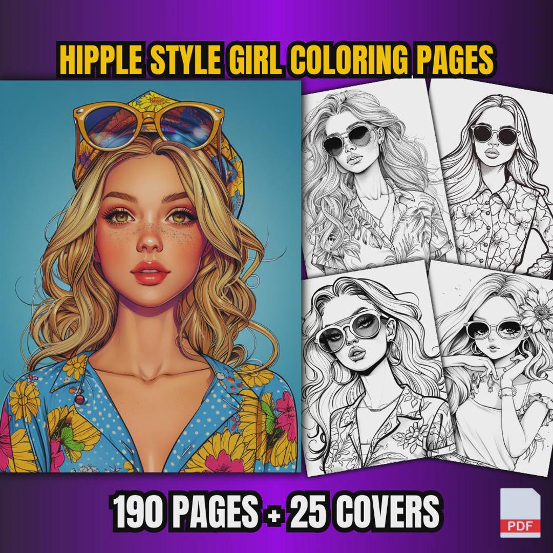 Hippie Style Girl Coloring Pages | 190 Printable Pages (PDF Format) - Etsy