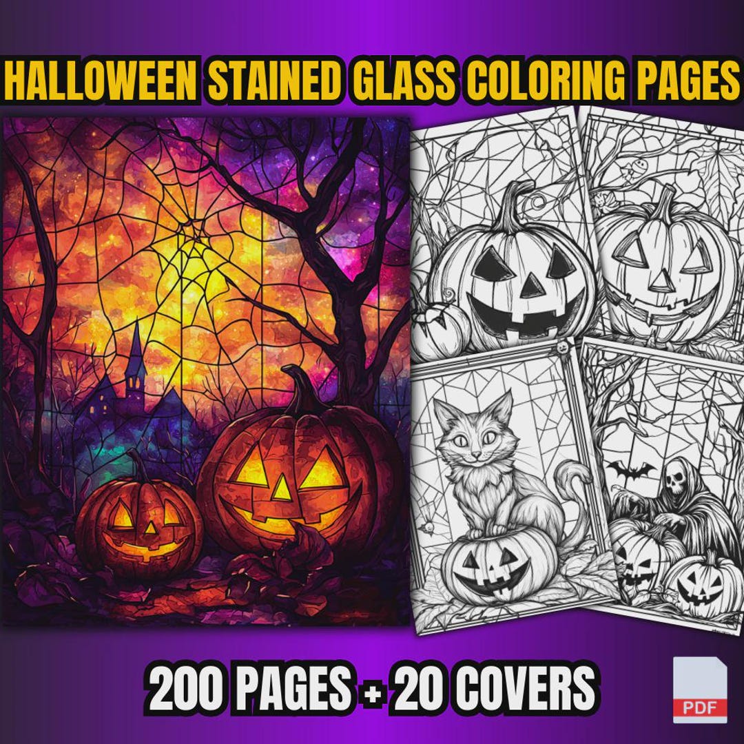 200 Halloween Stained Glass Coloring Pages | Kids & Adults (PDF Format ...