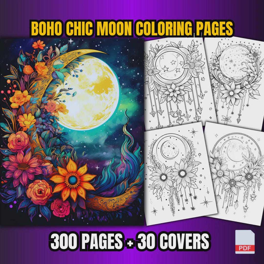 300 Boho Chic Moon Coloring Pages | 300 Pages | Adult Coloring | Kids ...
