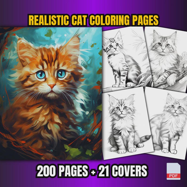 200 Realistic Cat Coloring Pages | A4 Size (PDF Format) - Etsy