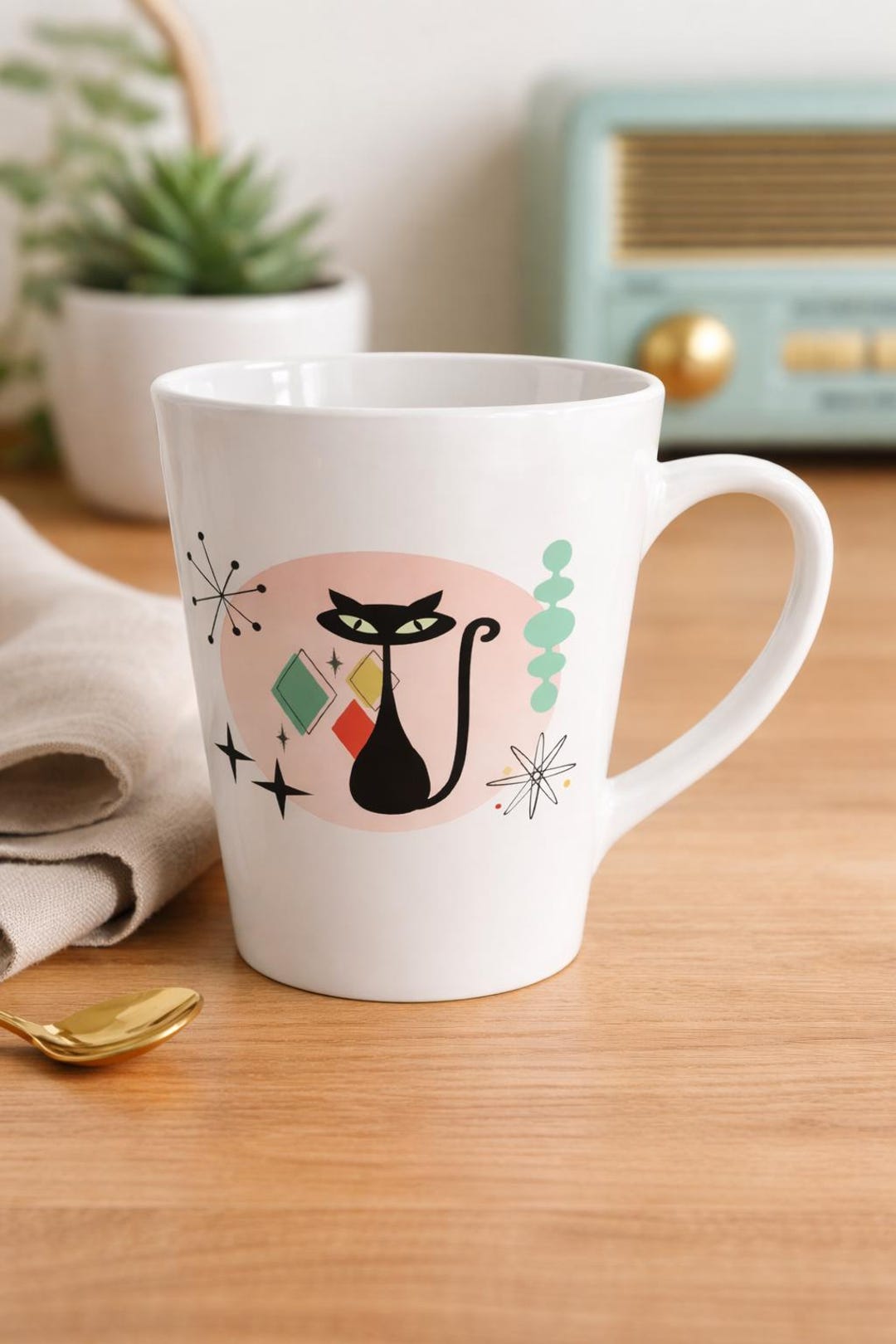 Atomic Cat Latte Mug, Vintage Coffee Cup, Mid-century Modern Design ...