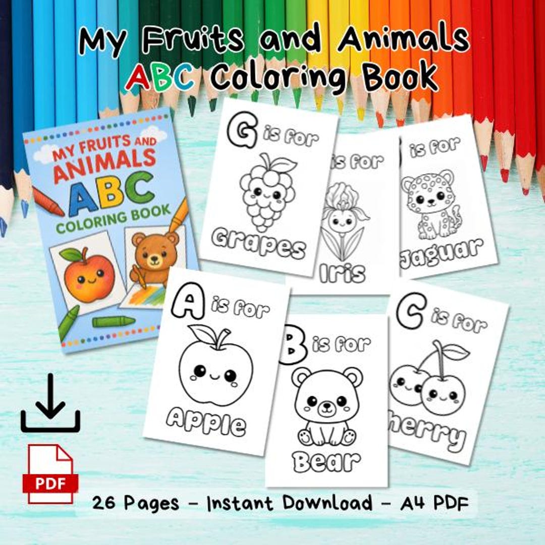Fruits and Animals ABC Coloring Book for Kids – A to Z Kawaii Alphabet ...