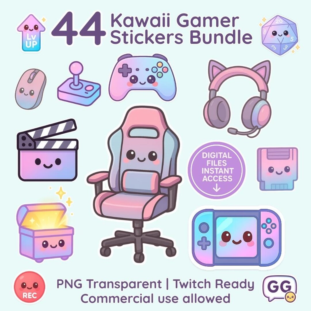 44 Kawaii Gamer Stickers Bundle | PNG Digital Stickers for Twitch ...