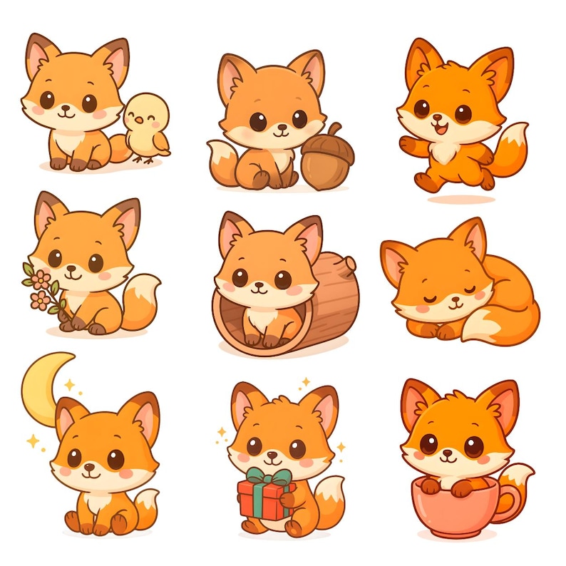 Kawaii Fox Clipart Mega Bundle – 33 Chibi Baby Foxes Pngs (2000×2000 Px ...