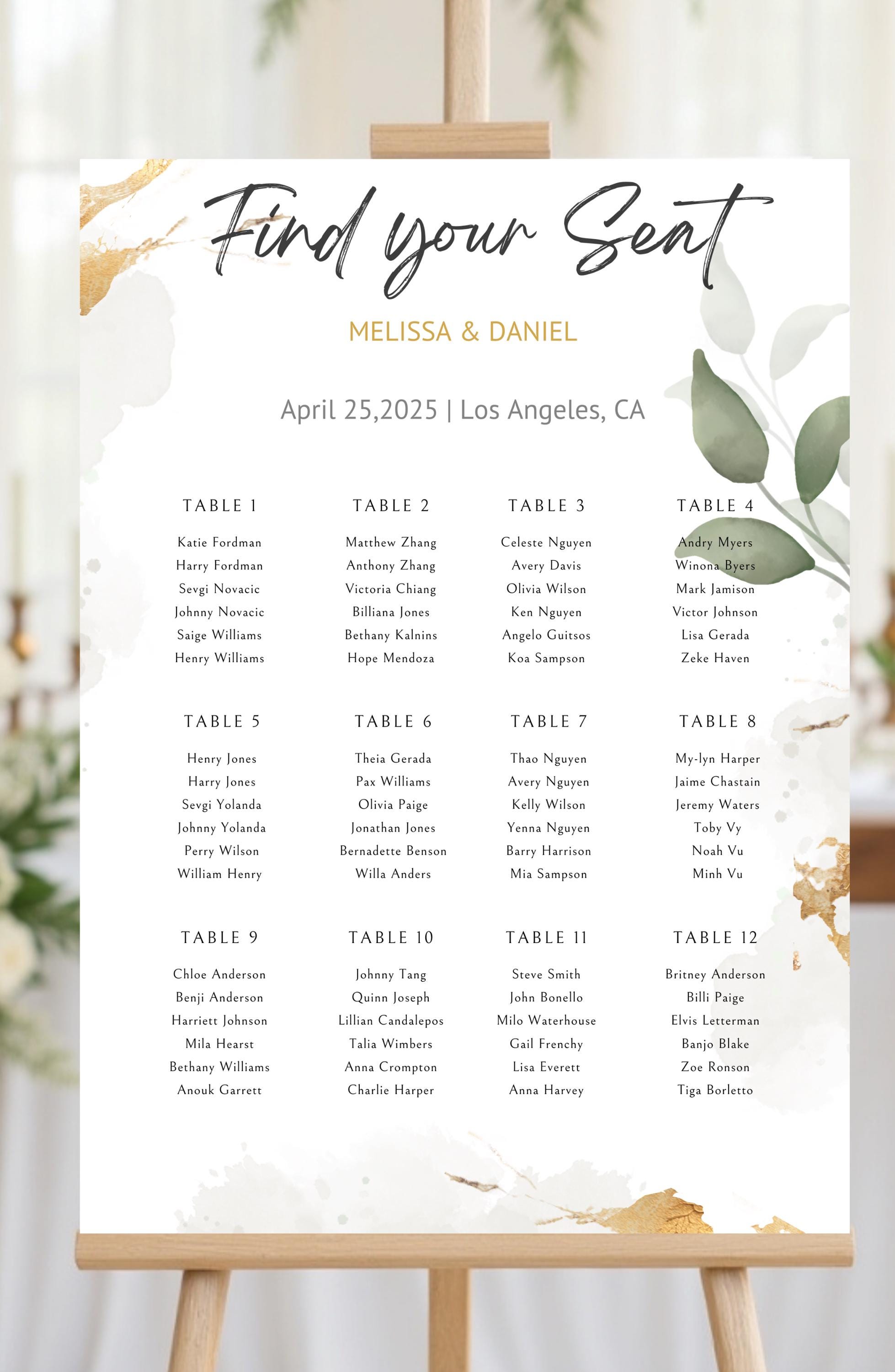 Elegant Seating Chart Template for Guests Wedding Table Seating Poster ...