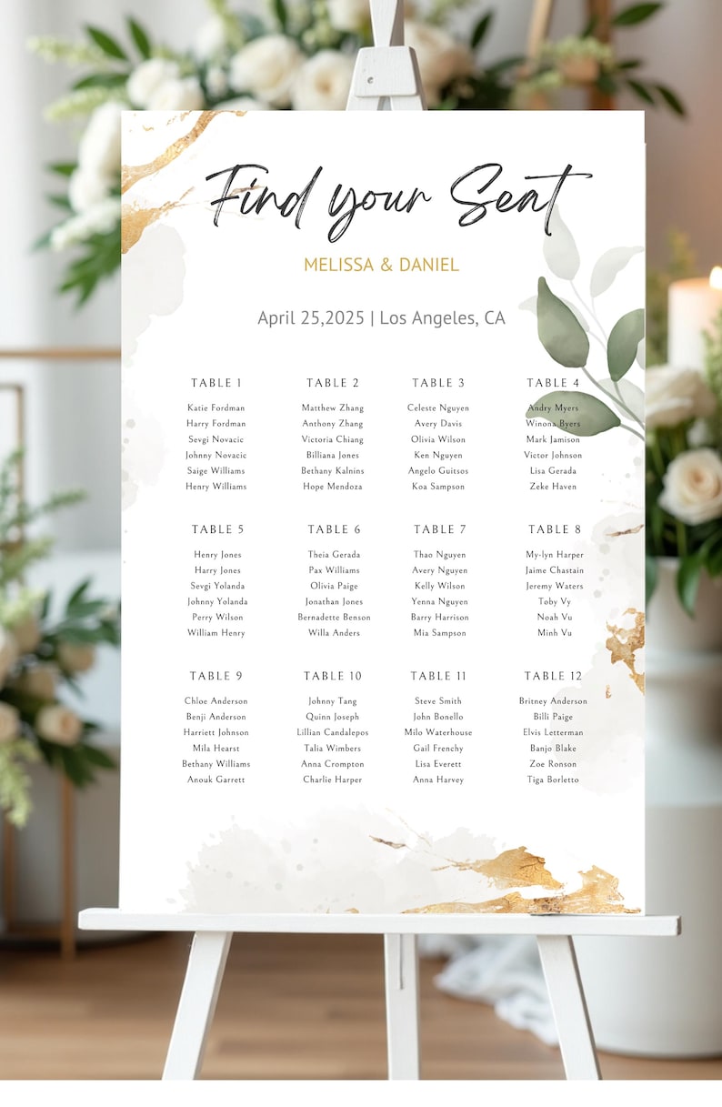 Elegant Seating Chart Template for Guests Wedding Table Seating Poster ...