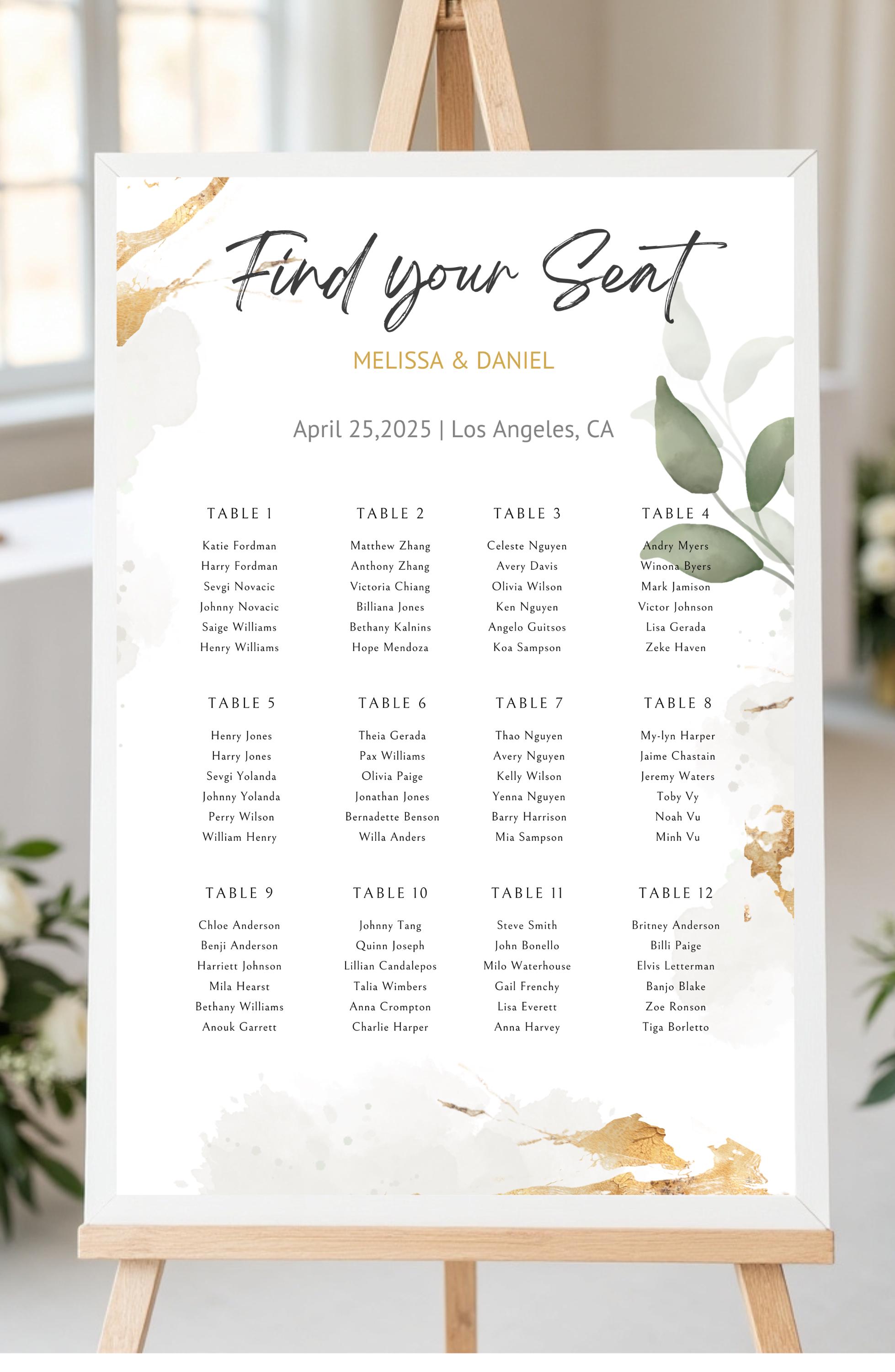 Elegant Seating Chart Template for Guests Wedding Table Seating Poster ...