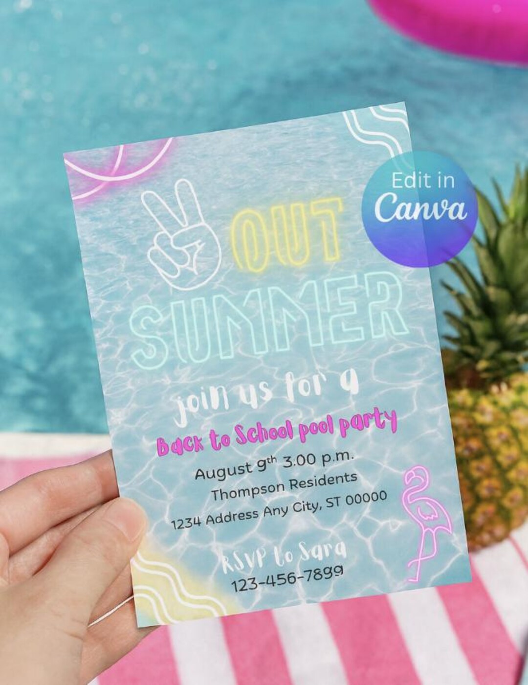 Back to School Pool Party Invitation | End of Summer Neon Invite ...