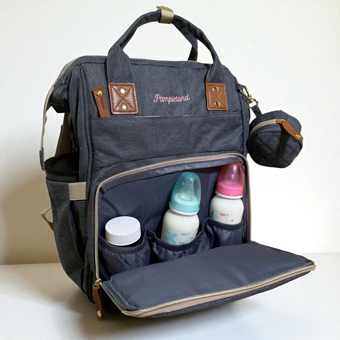 Pampieland™ Grey Diaper Bag Backpack – Foldable Baby Bed, USB Charger ...