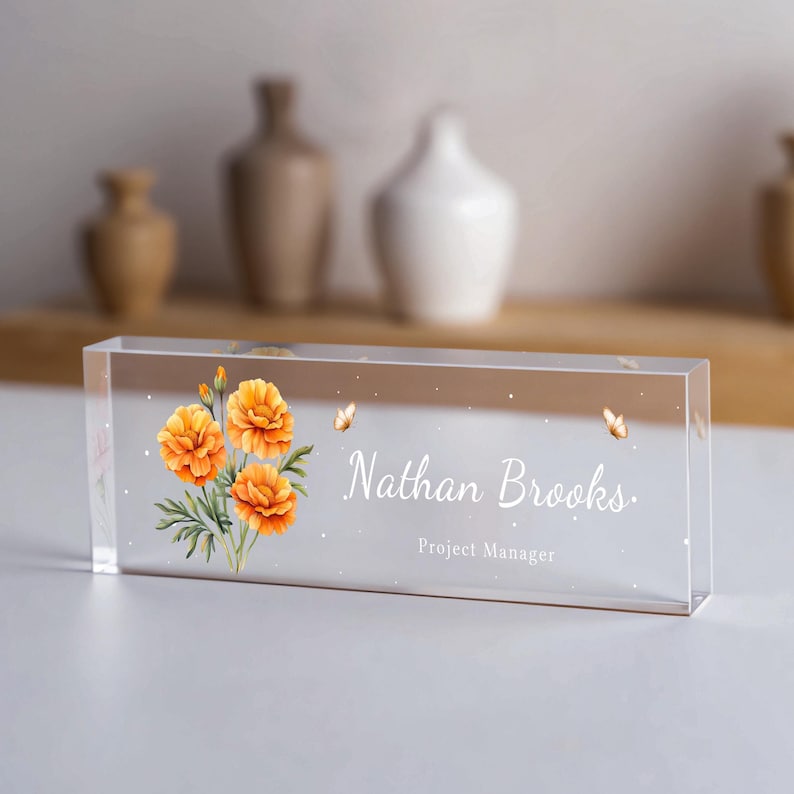 Personalized Birth Flower Desk Name Plate: Custom Acrylic Office Decor ...