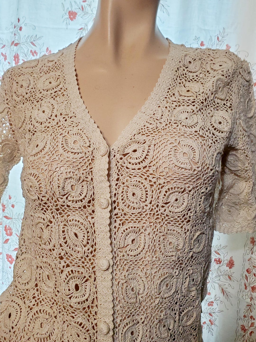 Vintage Ivory White Lacey Handknitted 70s Crochet Short Sleeve Cardigan ...