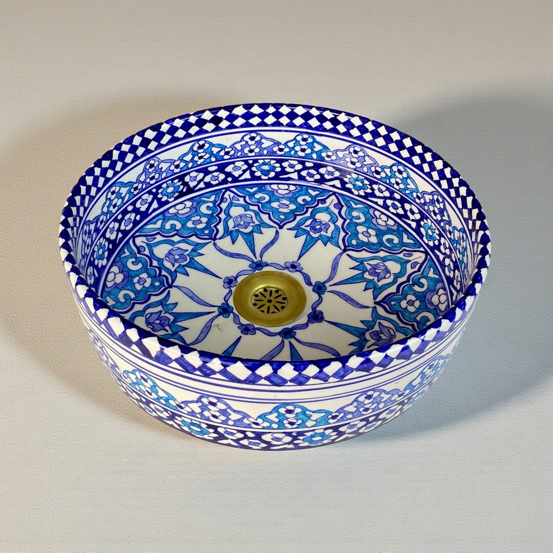 Moroccan Blue & White Ceramic Sink | Handmade Round Vessel Sink - Etsy
