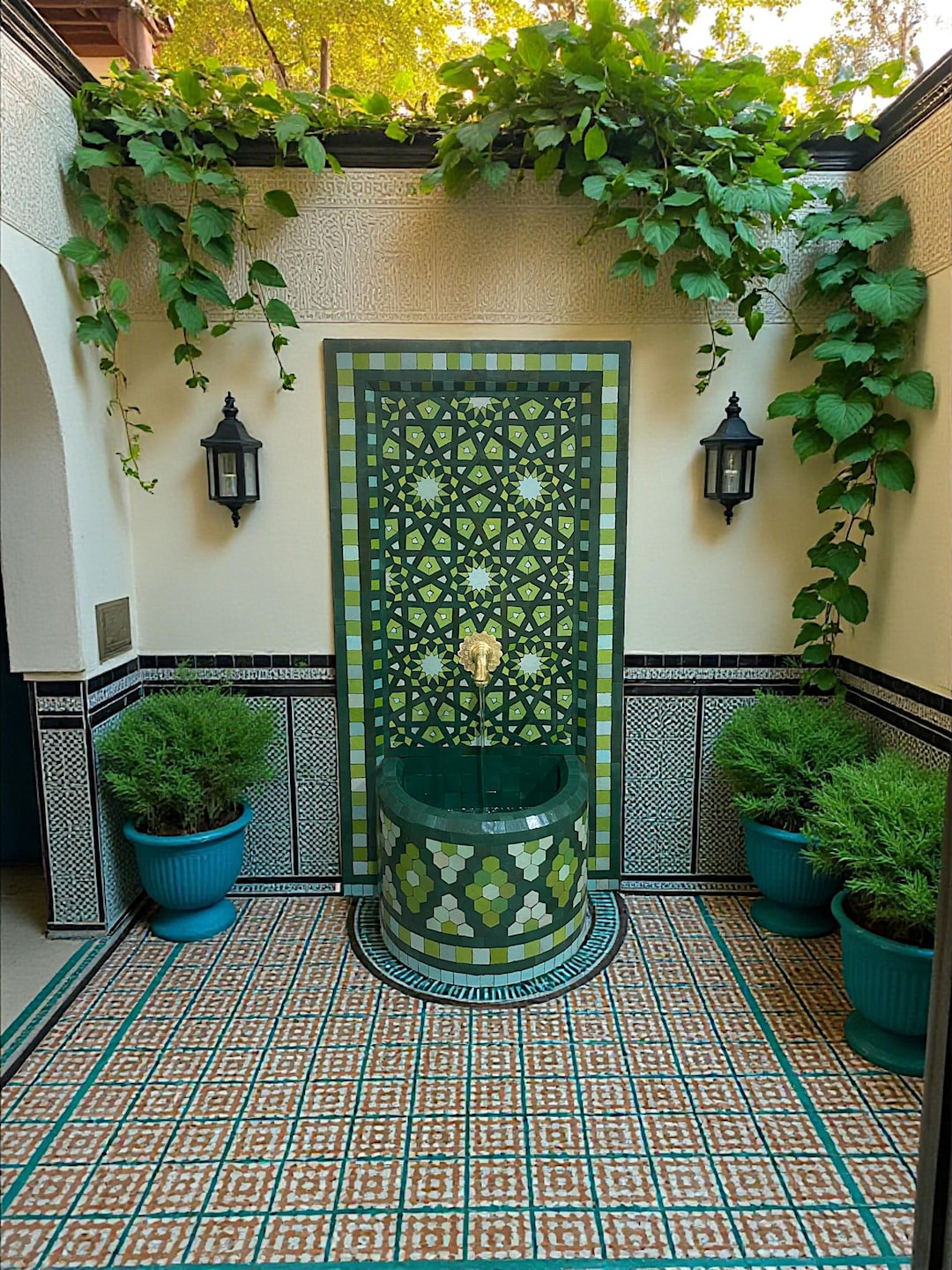 Handmade Moroccan Mosaic Fountain – Green Zellij Tile Wall Fountain ...