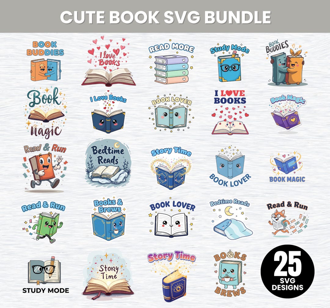 Cute Book SVG | Book Clipart & Book Lover Icons for Open Book, Book ...