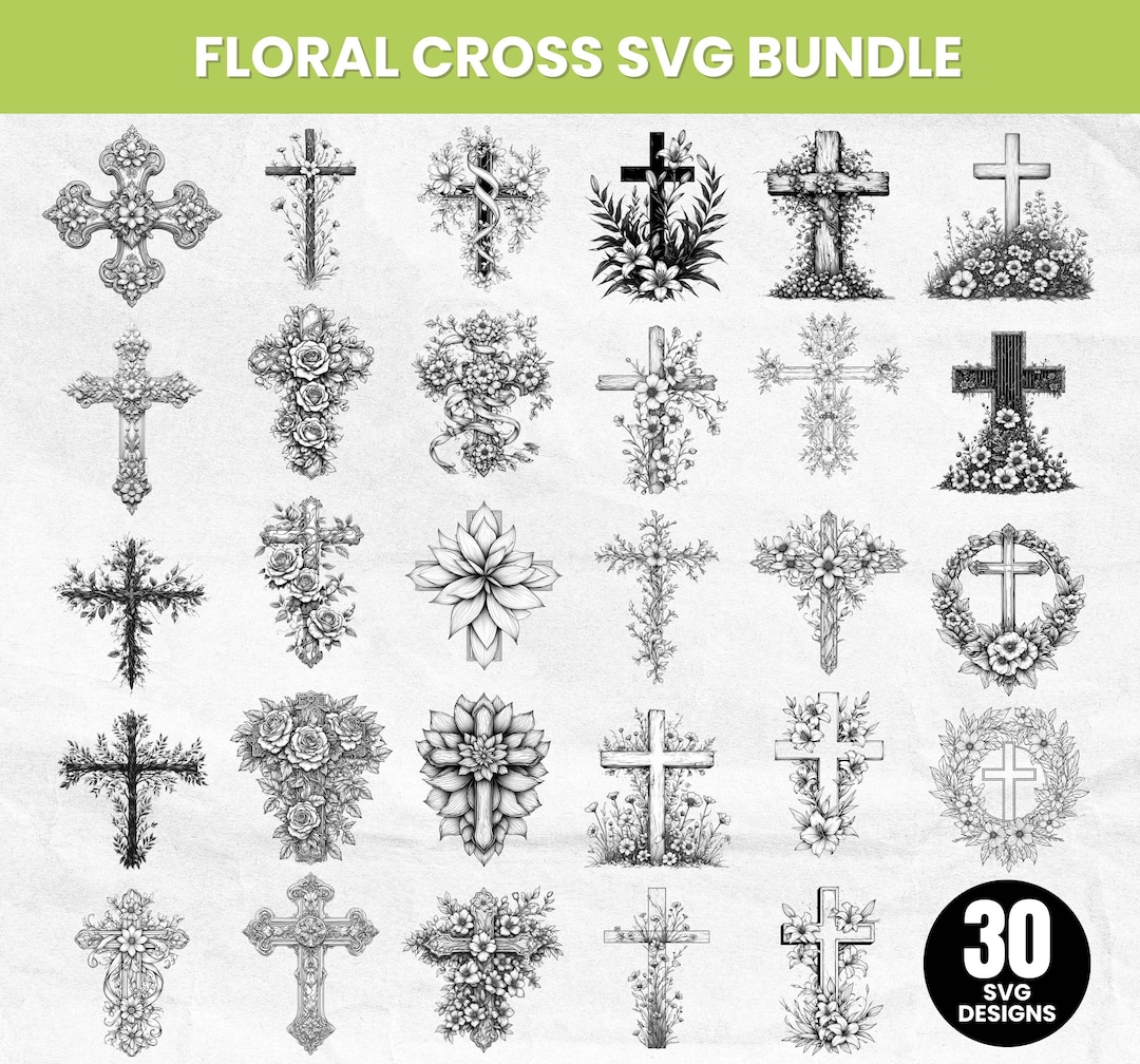 Floral Cross SVG Bundle, Religious Flower Vector Art (instant Download ...