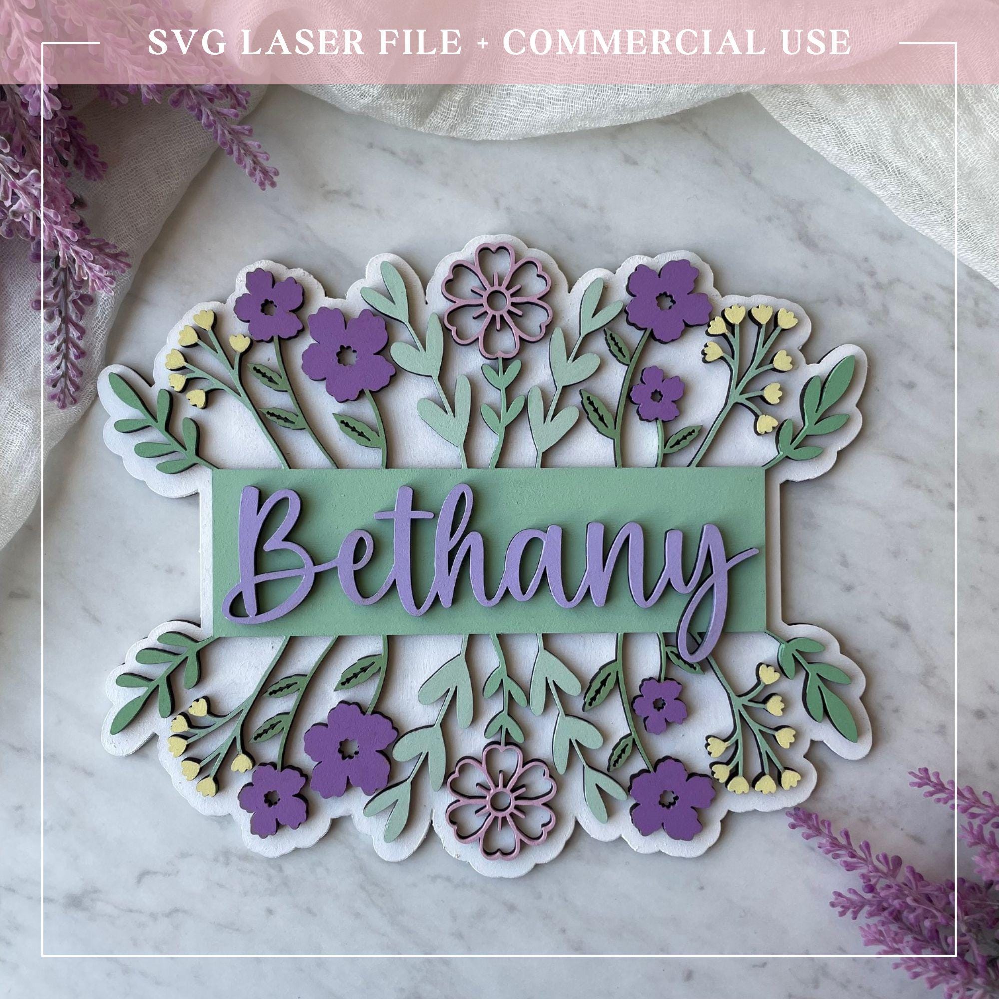 Floral Name Sign SVG for Laser Kids Craft Kit File Birthday Party Craft ...