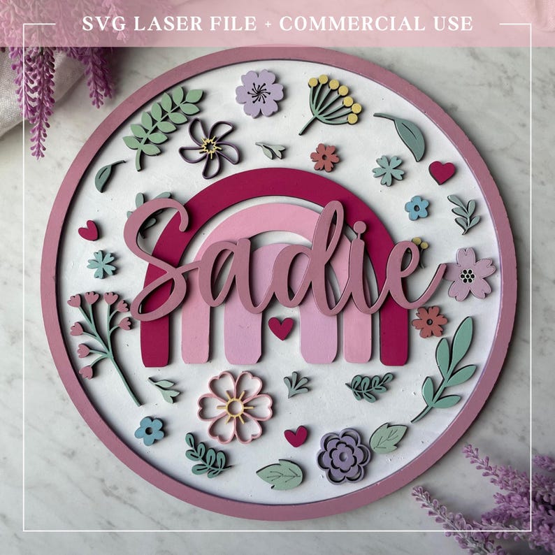 Rainbow Name Sign SVG | Layered Floral Round Name Sign for Girls ...