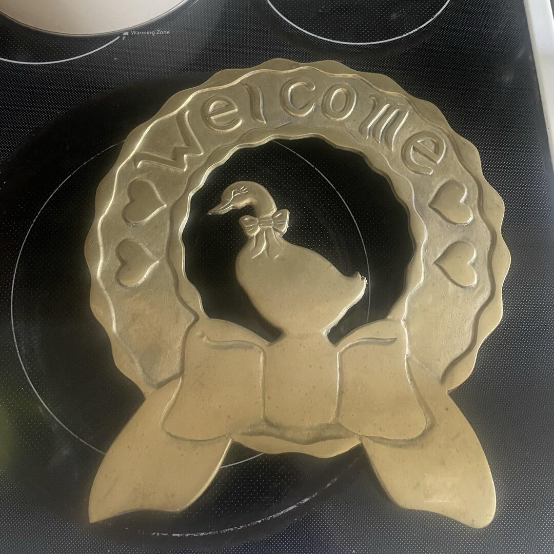 Vintage Brass Goose & Wreath With Bow Welcome Sign Wall Hanging Home ...