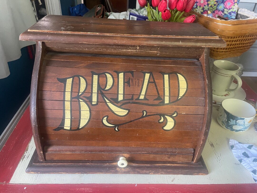 Vintage 1970’s Rolltop Wooden Breadbox - Etsy