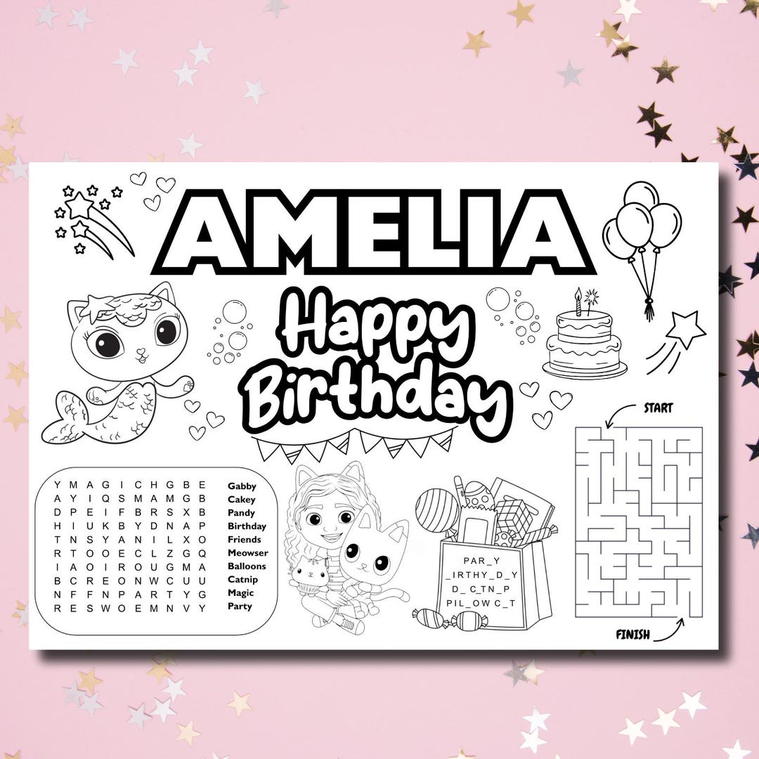 Gabby Dollhouse Birthday Coloring Mat: Custom Name Party Activity ...
