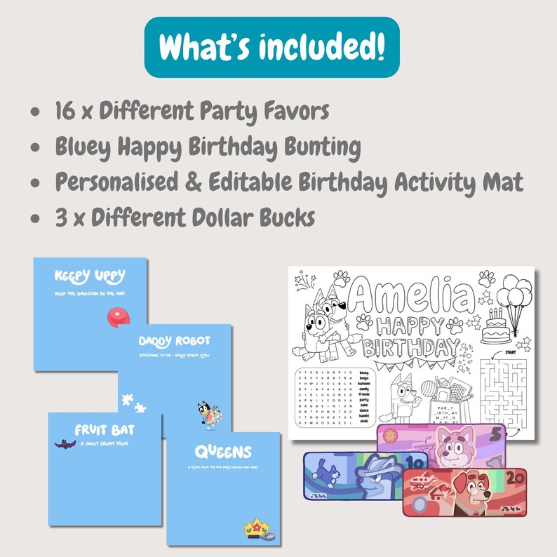 Bluey Birthday Bundle - Party Favors - Bunting - Personalised Activity ...